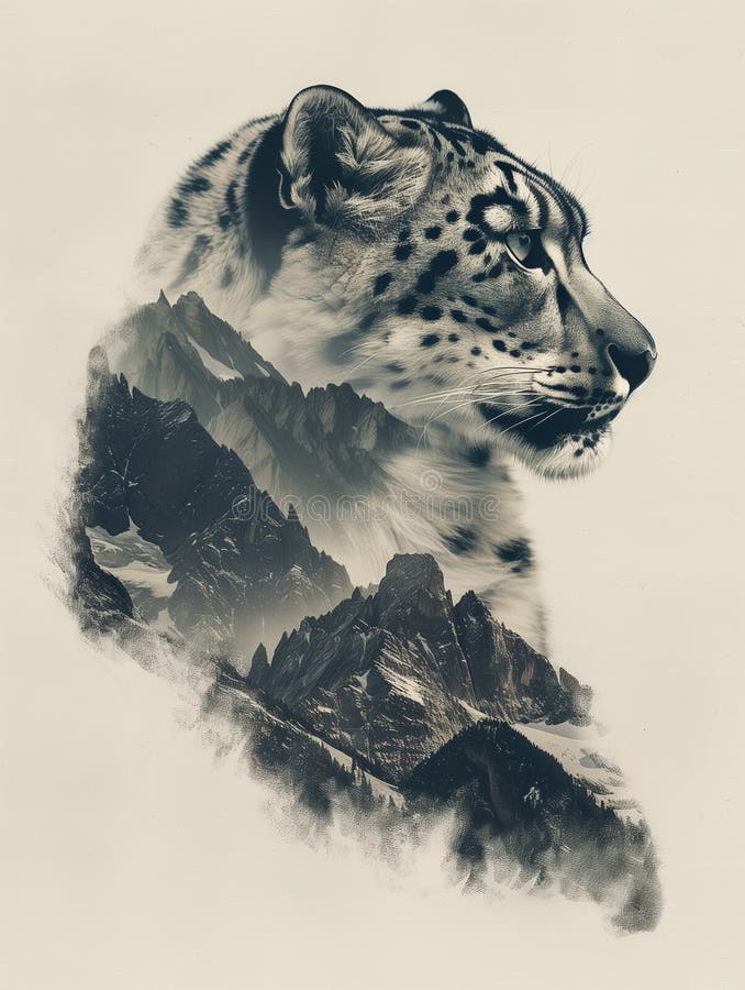 Snow Leopard Poster Art with Double Exposure of Mountain Forest ...