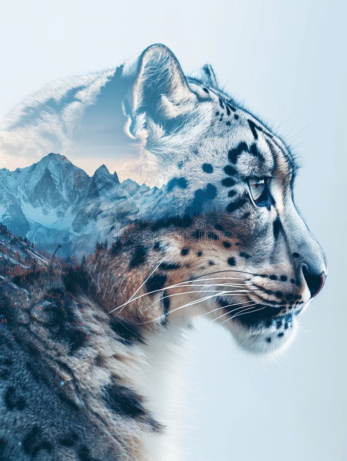 Snow Leopard Poster Art with Double Exposure of Mountain Forest ...