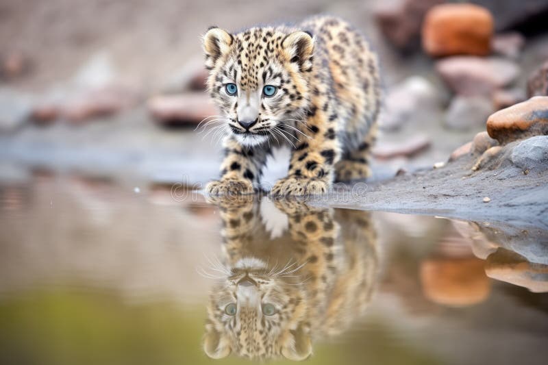 Snow Leopard with Reflection in a Mountain Pool Stock Image - Image of ...