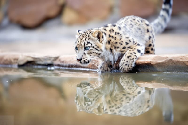 Snow Leopard with Reflection in a Mountain Pool Stock Illustration ...