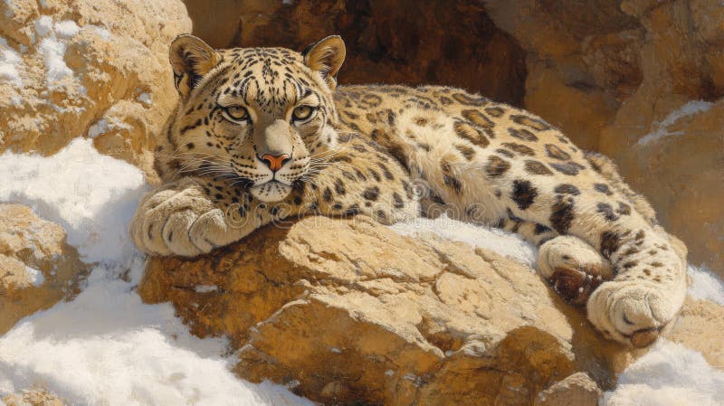 Snow Leopard Resting on Rocks in Snowy Mountain Stock Illustration ...