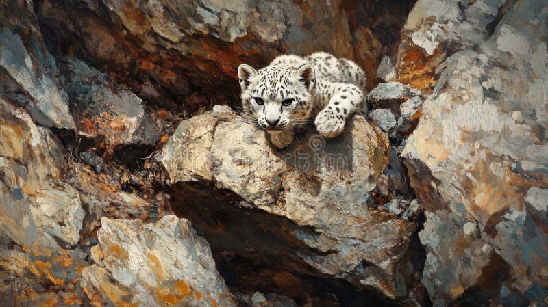 Snow Leopard Resting on Rocky Mountain Stock Illustration ...
