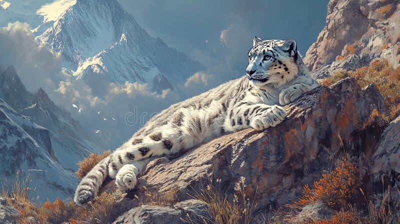 A Snow Leopard Resting on a Rocky Outcrop in a Mountain Landscape Pic ...