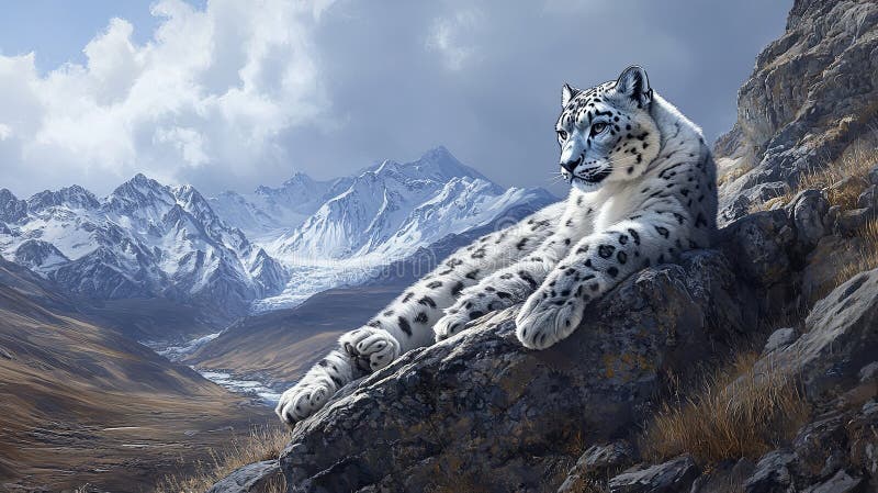 A Snow Leopard Resting on a Rocky Outcrop in a Mountain Landscape Pic ...