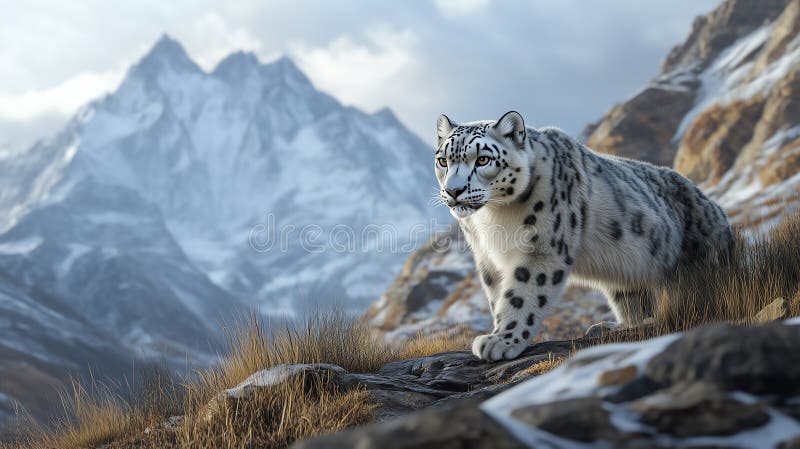 Snow Leopard Roaming a Protected Mountainous Region with Rugged Terrain ...
