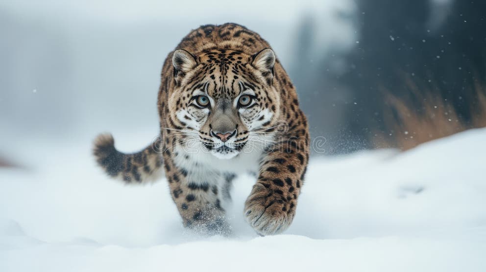 Snow Leopard Running through Deep Snow Stock Illustration ...
