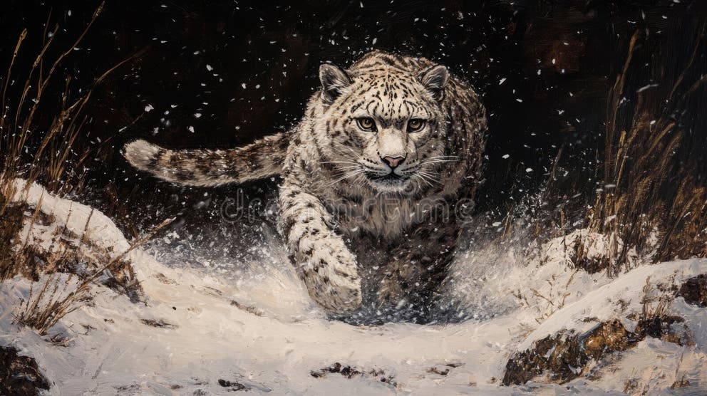 Snow Leopard Running through Snowdrift Stock Illustration ...