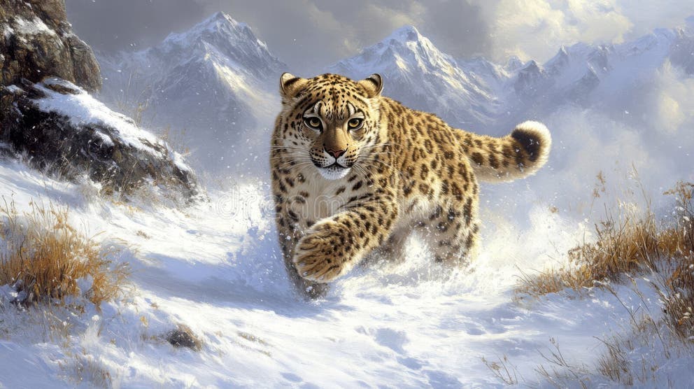 Snow Leopard Running through Snowy Mountain Range Stock Illustration ...