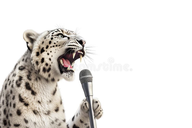 A Snow Leopard Sings into a Microphone. Snow Leopard Isolated on White ...
