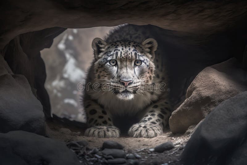 Snow Leopard Sitting in a Cave, Generative AI Stock Illustration ...