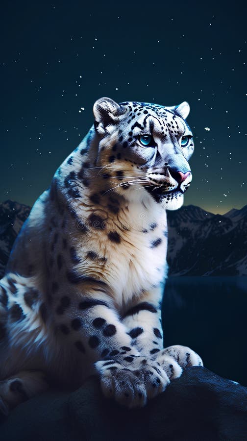 Snow Leopard Sitting on a Rock at Night. 3d Rendering Stock ...