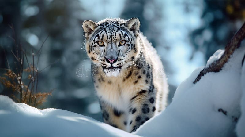 Snow Leopard Sneaking in the Snow Stock Illustration - Illustration of ...