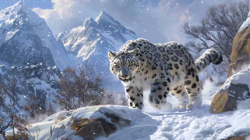 Snow Leopard in a Snowy Mountain Landscape Stock Illustration ...