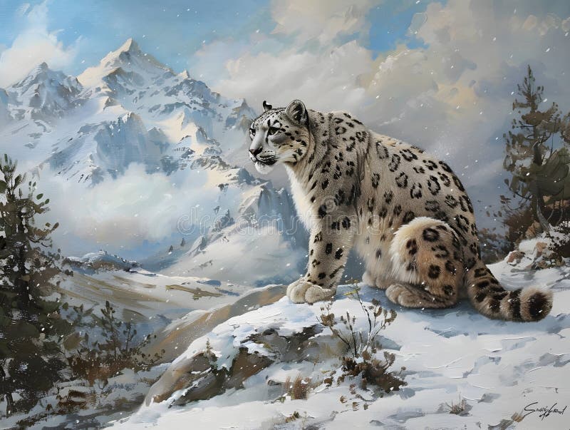 Snow Leopard in a Snowy Mountain Region Stock Illustration ...