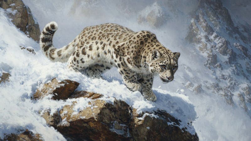 A Snow Leopard Stalking on a Snowy Mountain Peak Stock Illustration ...