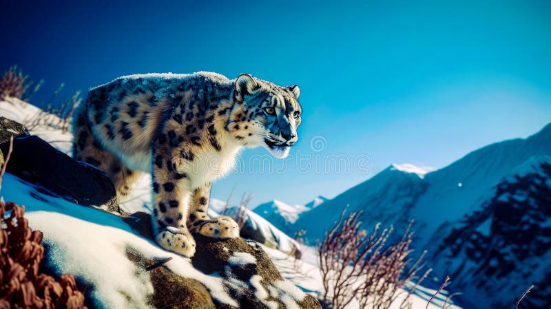 Snow Leopard Standing on Top of Rock in the Middle of Snow Covered ...