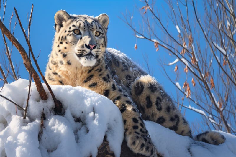 A Snow Leopard Sunbathing on a Clear Winter Day Stock Image - Image of ...