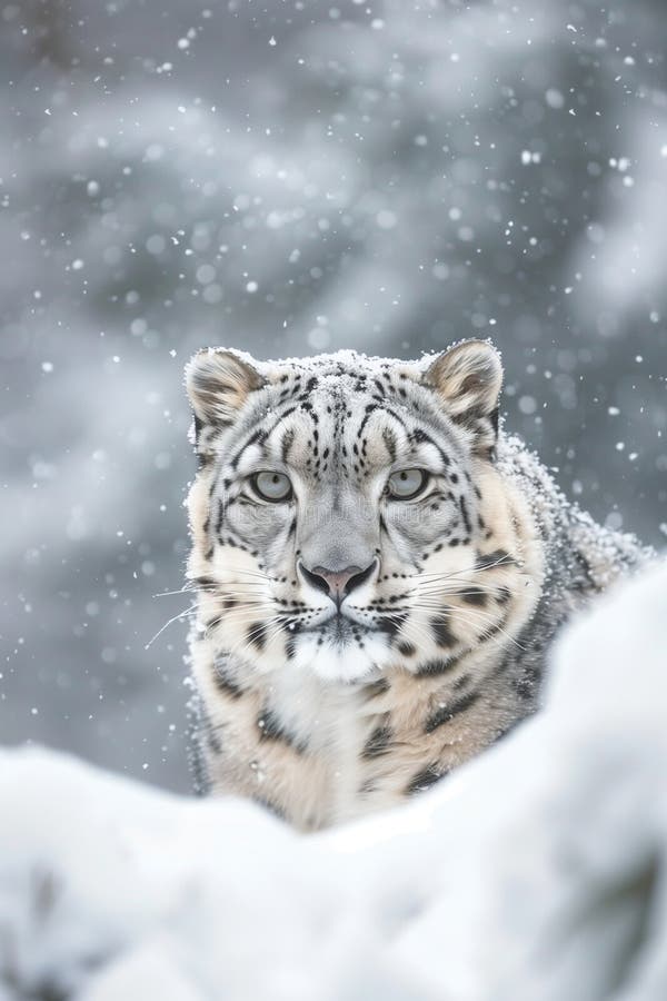 Snow Leopard Utilizing Its Exceptional Camouflage in White Snowy ...