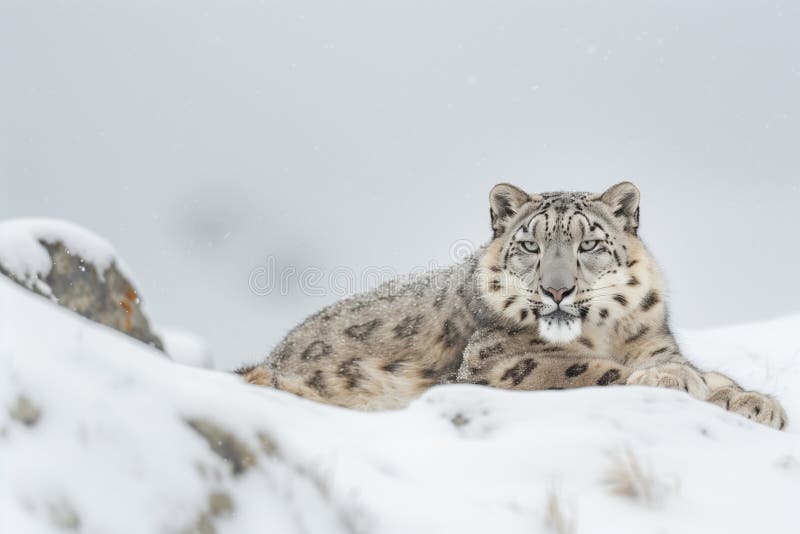 Snow Leopard Utilizing Its Exceptional Camouflage in White Snowy ...