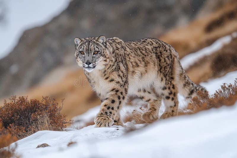 Snow Leopard Walking in Snowy Mountain Landscape Gracefully Stock ...