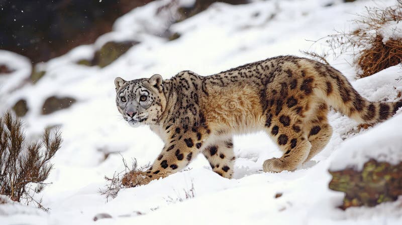 A Snow Leopard Walks on a Snow-covered Hillside, Its Fur Blending into ...