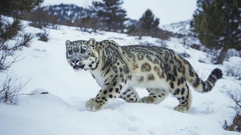 A Snow Leopard Walks through the Snow, Its Fur Blending in with the ...