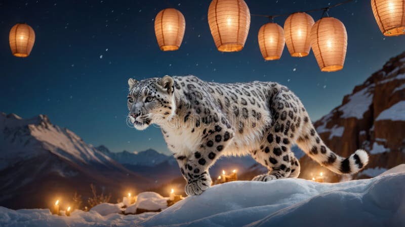 Majestic Snow Leopard at Night with Lanterns Stock Illustration ...