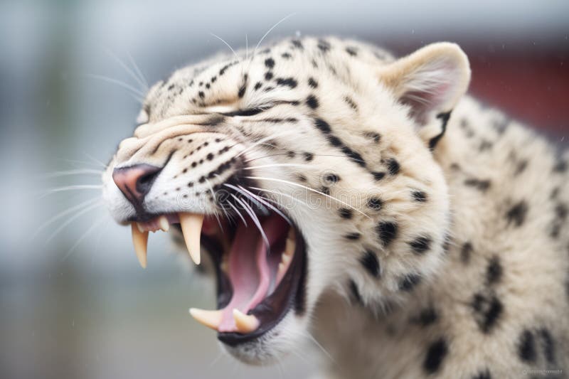 A Snow Leopard Yawning Revealing Sharp Teeth Stock Photo - Image of ...