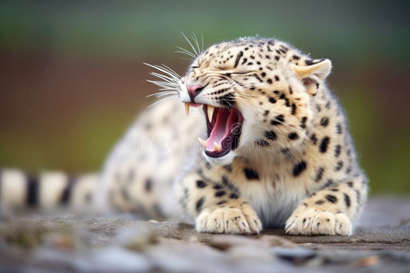 A Snow Leopard Yawning Revealing Sharp Teeth Stock Image - Image of ...