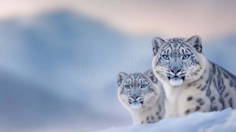 Snow Leopards in Winter Habitat with Soft Pastel Background and ...
