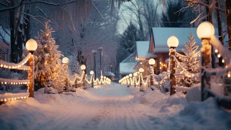 Snow-Lit Stroll: Village Pathway Aglow Stock Illustration ...