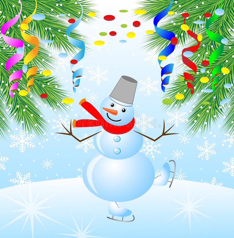 Snow Man on Skates and Branches of Christmas Tree Stock Vector ...