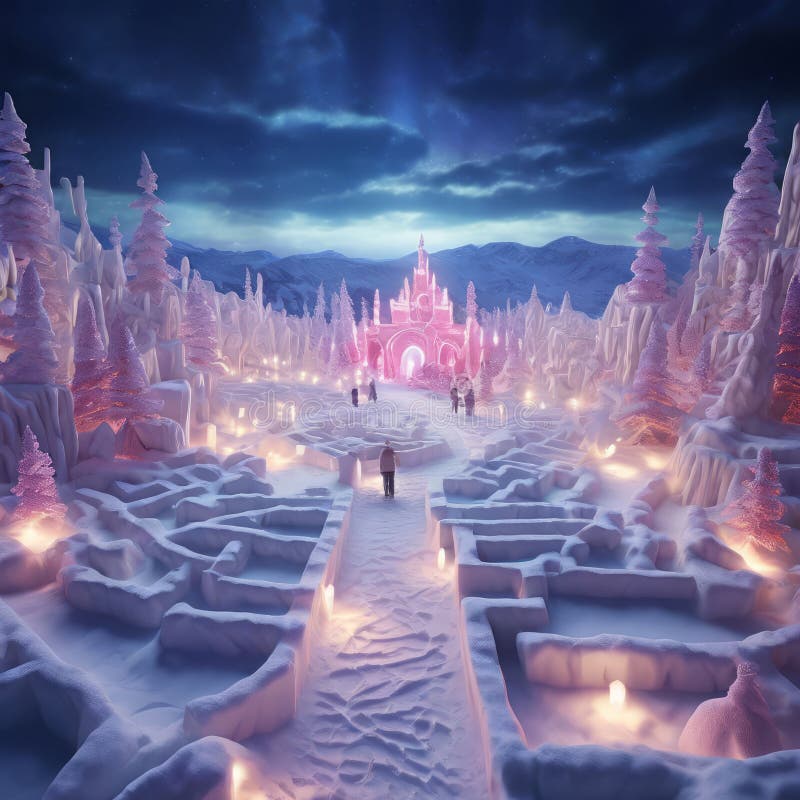 Snow Maze Challenge a Scene Where Adventurers Navigate Throgh Stock ...