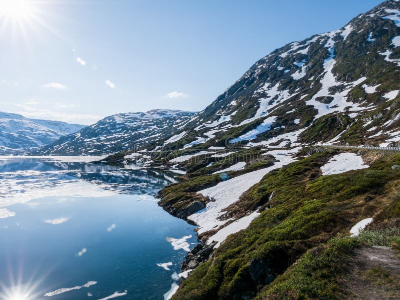 Snow Melting by Mountain Lake Stock Image - Image of upland, norway ...