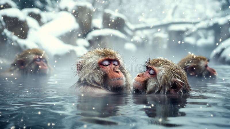 Snow Monkey Couple Relaxing in Hot Springs Stock Illustration ...