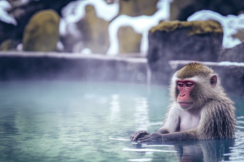 Snow Monkey Japanese Macaque Bathing in Onsen, Made with Generative AI ...