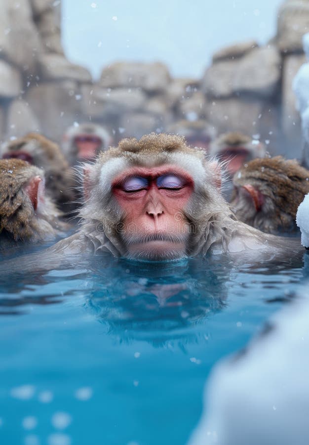 Snow Monkey Relaxing in Hot Spring Stock Illustration - Illustration of ...