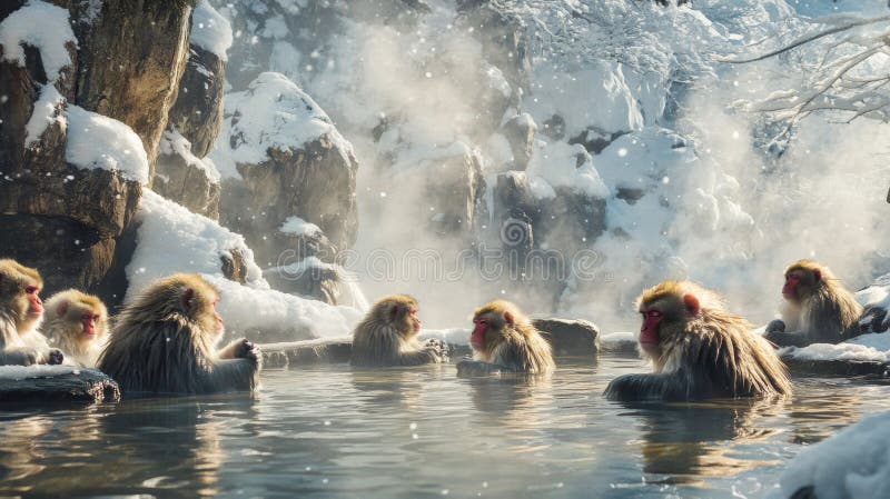 Snow Monkeys Relaxing in a Hot Spring Surrounded by Snowy Landscape ...