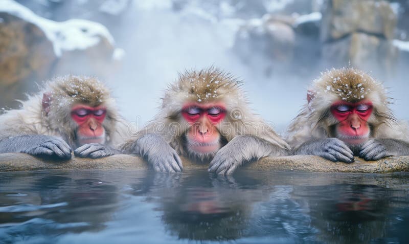 Snow Monkeys Relaxing in Hot Spring Surrounded by Winter Scenery Stock ...