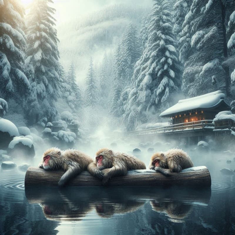 Snow Monkeys Soaking in the Hot Steamy Water Sleeping on a Log Floating ...