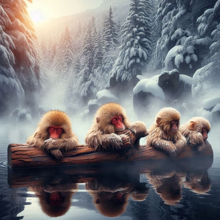 Snow Monkeys Soaking in the Hot Steamy Water Sleeping on a Log Floating ...