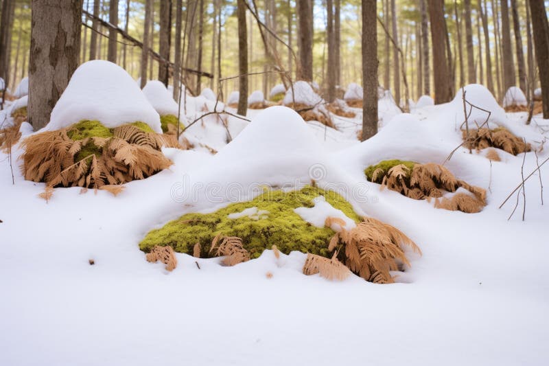 Snow Mounds on Forest Undergrowth beside a Silent Trail Stock ...