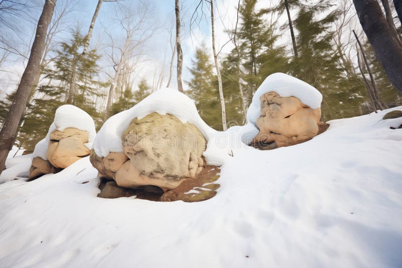 Snow Mounds on Rock Surfaces among Trees Stock Image - Image of tree ...