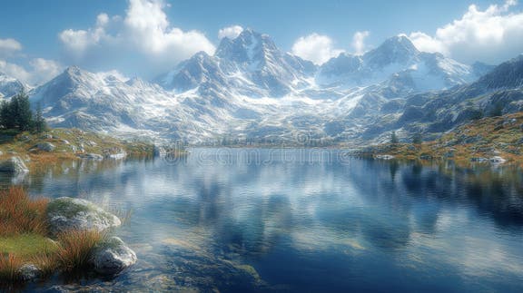 Snow Mountain with Lake and Meadow Stock Illustration - Illustration of ...