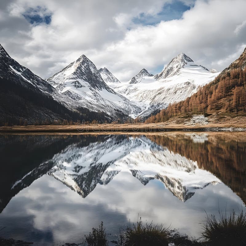 Snow Mountain Lake Reflection Winter Landscape Stock Photo - Image of ...