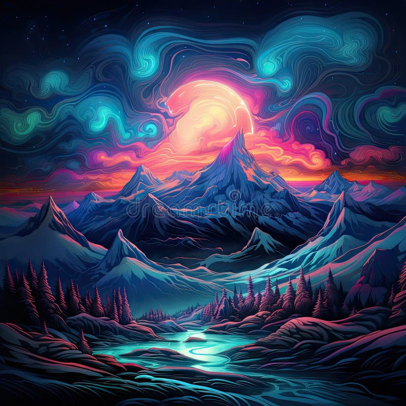 Snow mountain neon lights stock photo. Image of generated - 299369634