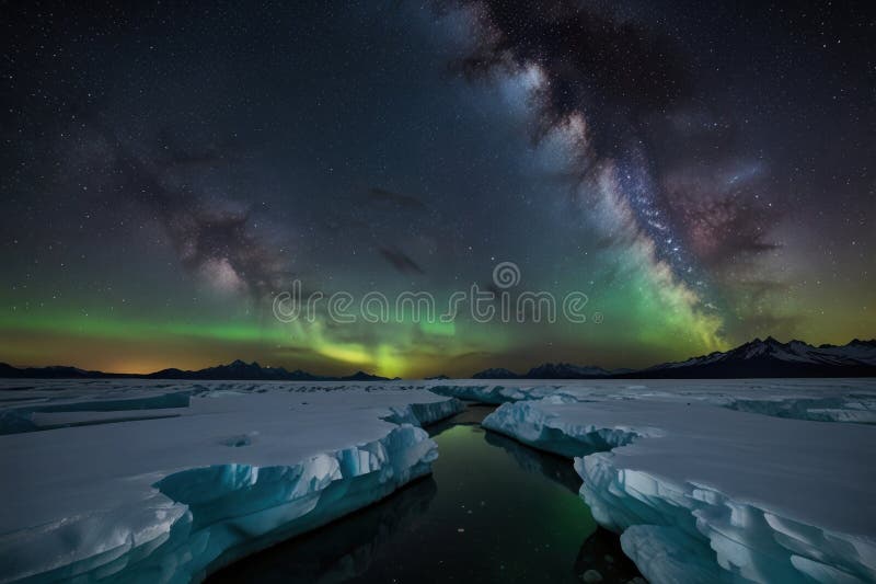 Snow Mountain and Ocean with Double Galaxy Sky Stock Illustration ...