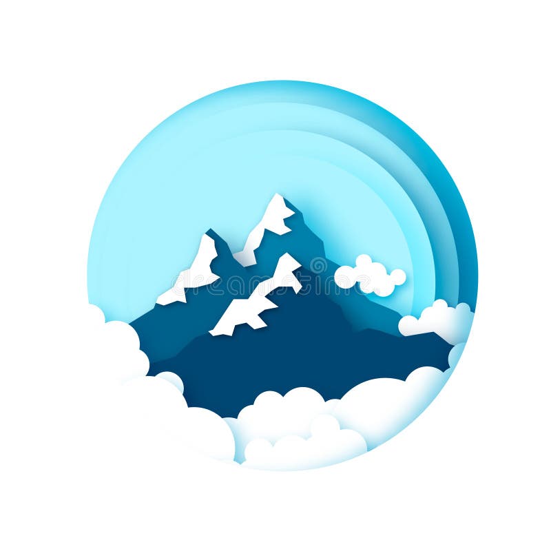 Snow Mountain Peaks. Landscape Paper Cut Style. Sky and Clouds. Circle ...