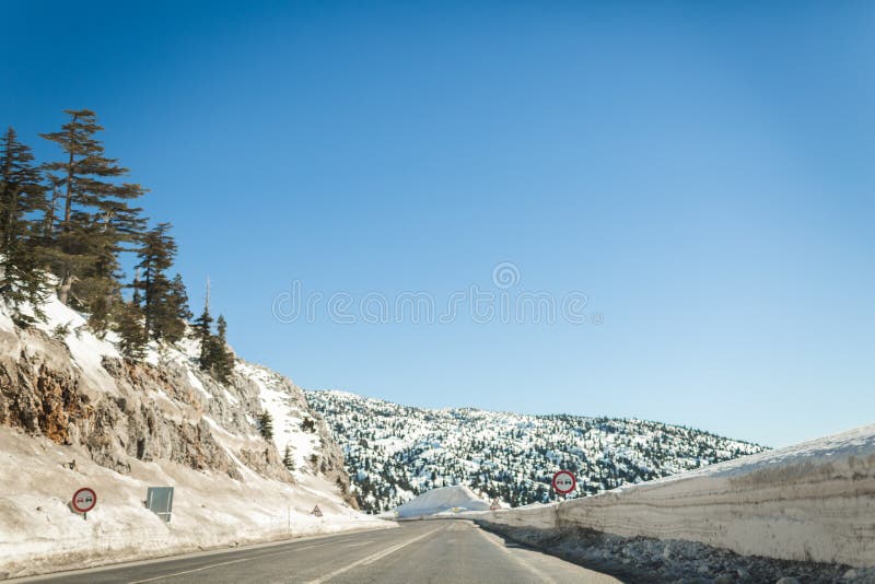 Snow Mountain Road in Winter Stock Image - Image of travel, trees ...