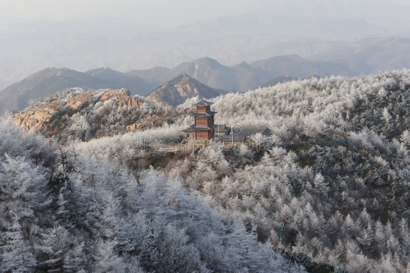 Snow Mountain with Temple in Winter Stock Photo - Image of winter, tree ...